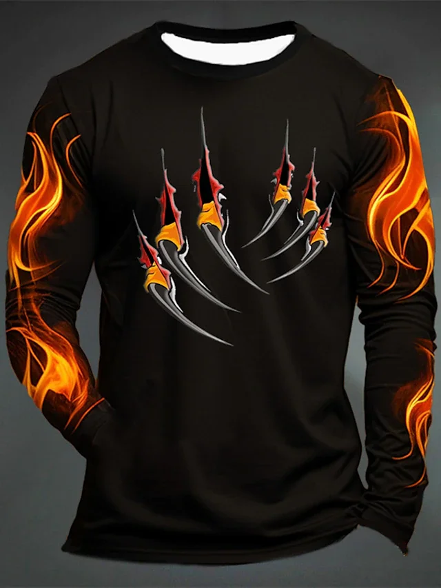3D Printed Flame Scratch Pattern 3D Printed Autumn Men's Crew Neck T ...