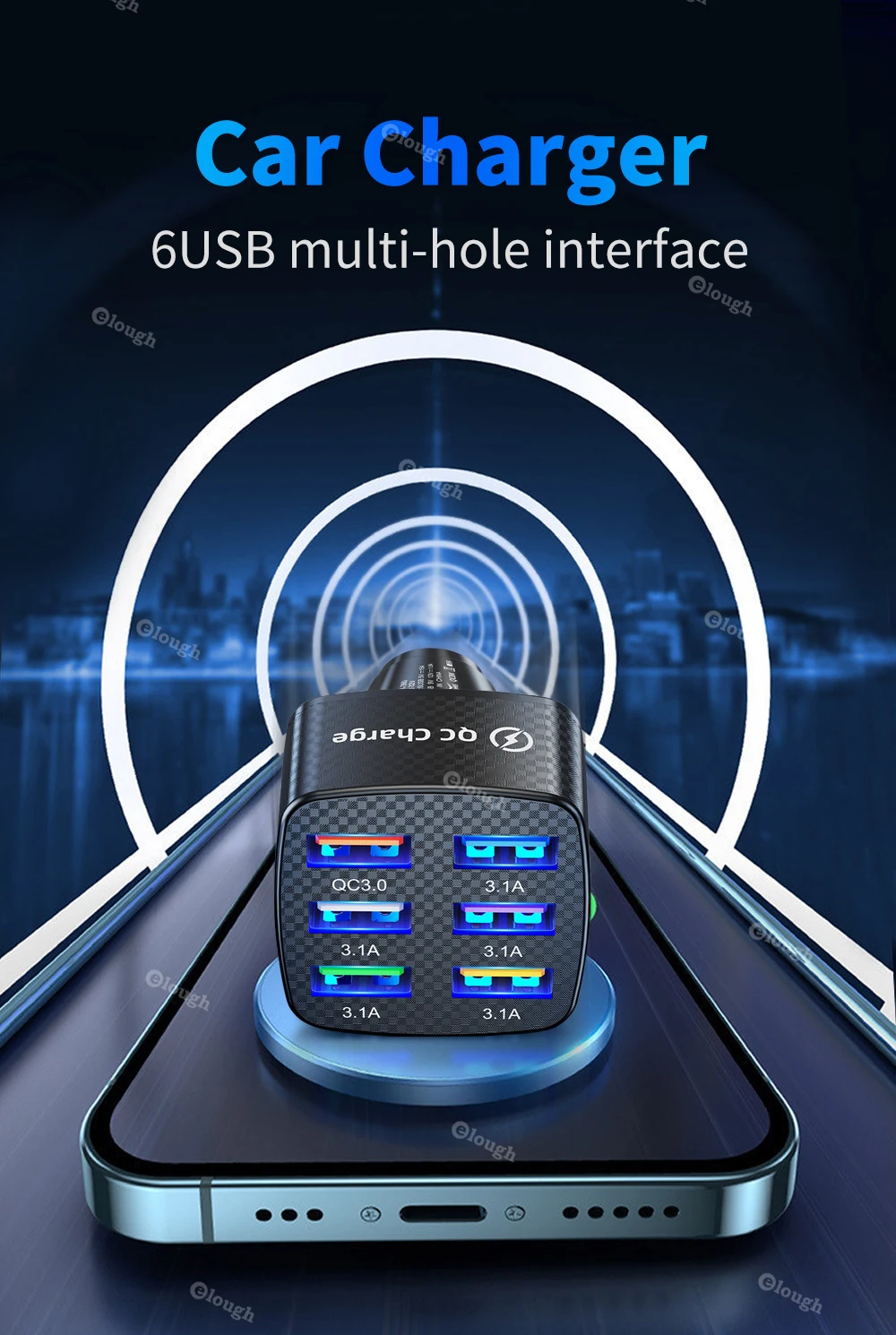 Chargeur de voiture de couleur noire chargeur de voiture 75W 6 USB type-c, charge rapide ...