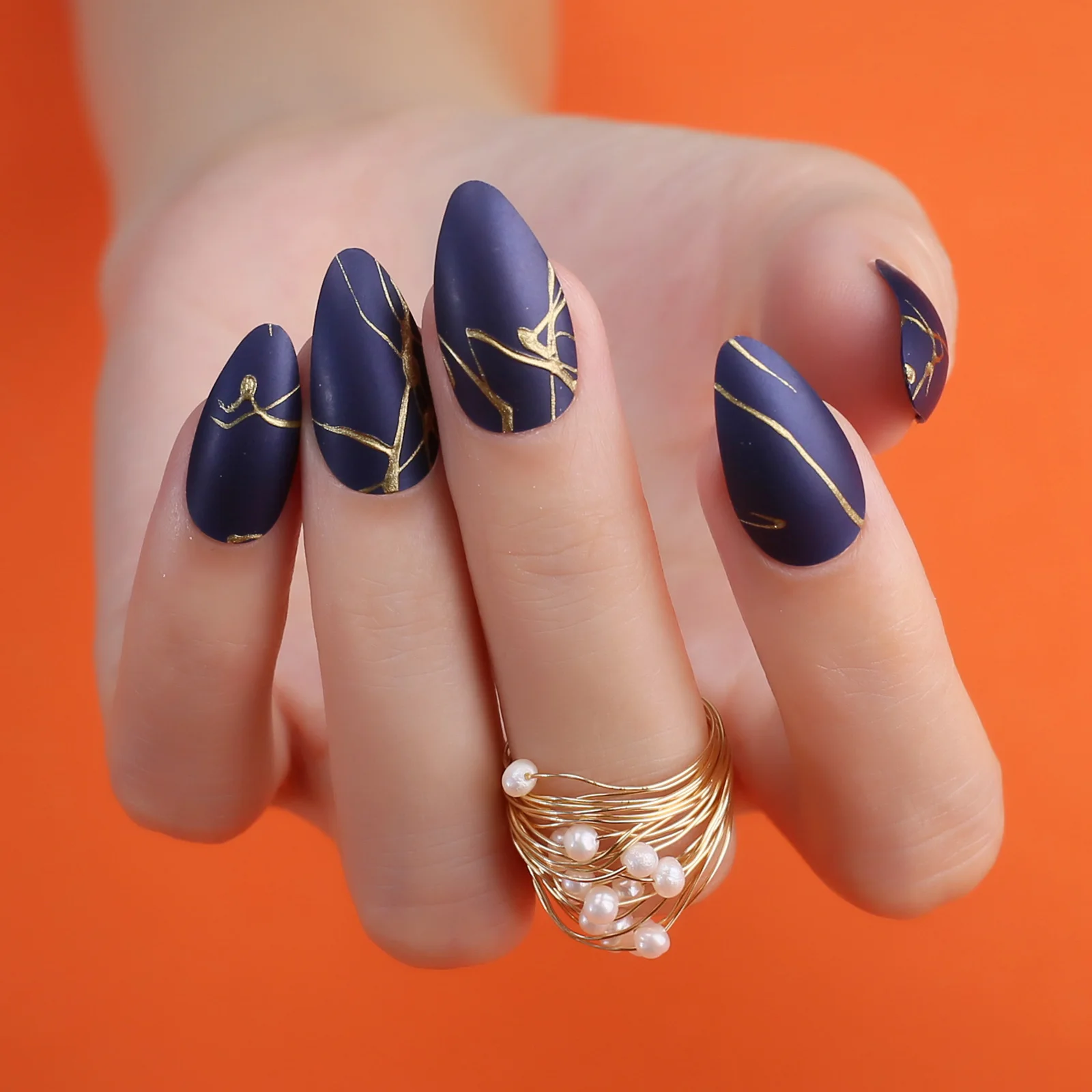 Dark Blue And Gold Acrylic Nails