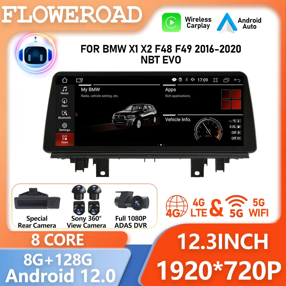 12.3 Polegada android auto para bmw x1 x2 f48 f49 nbt evo rádio do carro multimídia jogador gps ...