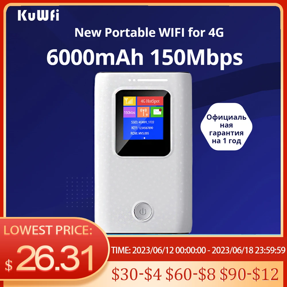 KuWfi Mobile Wifi Router 6000mAh Portátil 3G 4G Lte Router 150Mbps Sem Fio Ao Ar Livre Bolso ...
