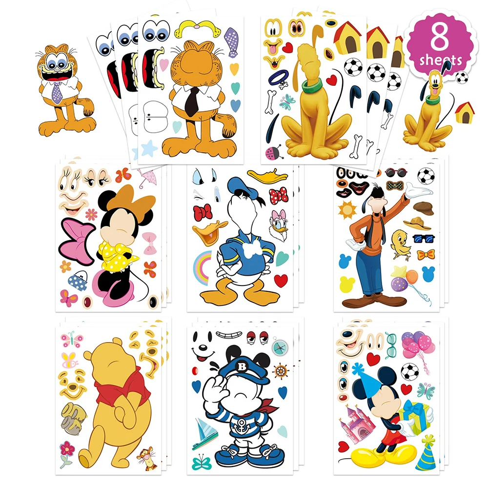 8Sheets Disney Cartoon Puzzle Stickers Make-a-Face Mickey Donald Duck ...