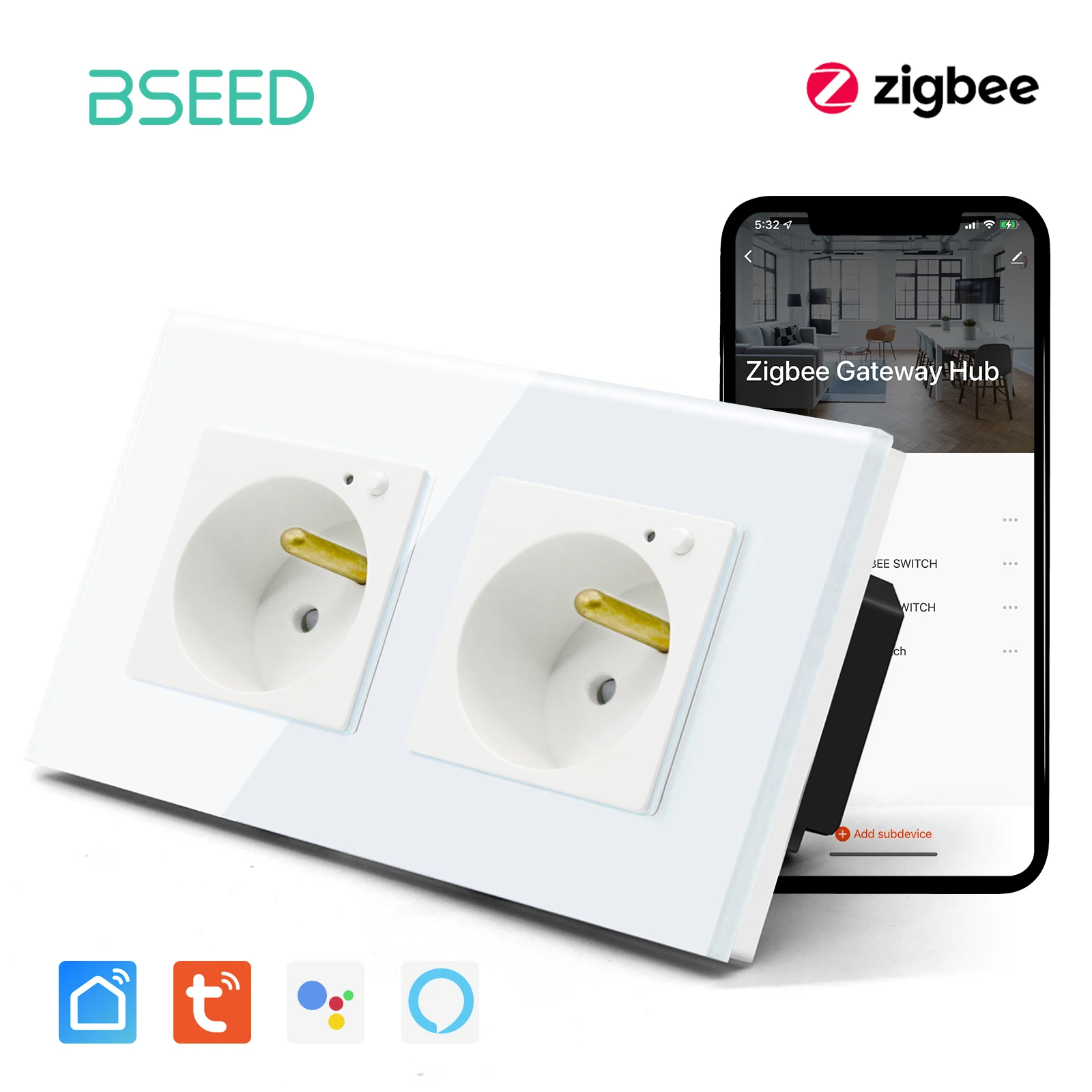 BSEED ZigBee Smart FR Socket Double Powe Sockets Triple Wall French ...