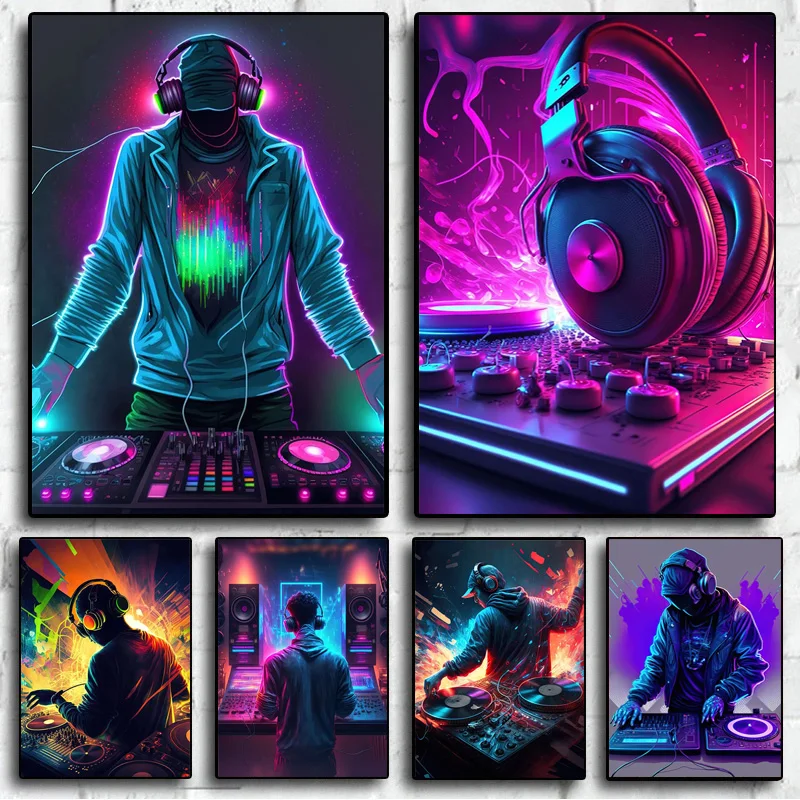 Neon Design Music Cool DJ Headphone Poster Canvas Paintings Abstract ...