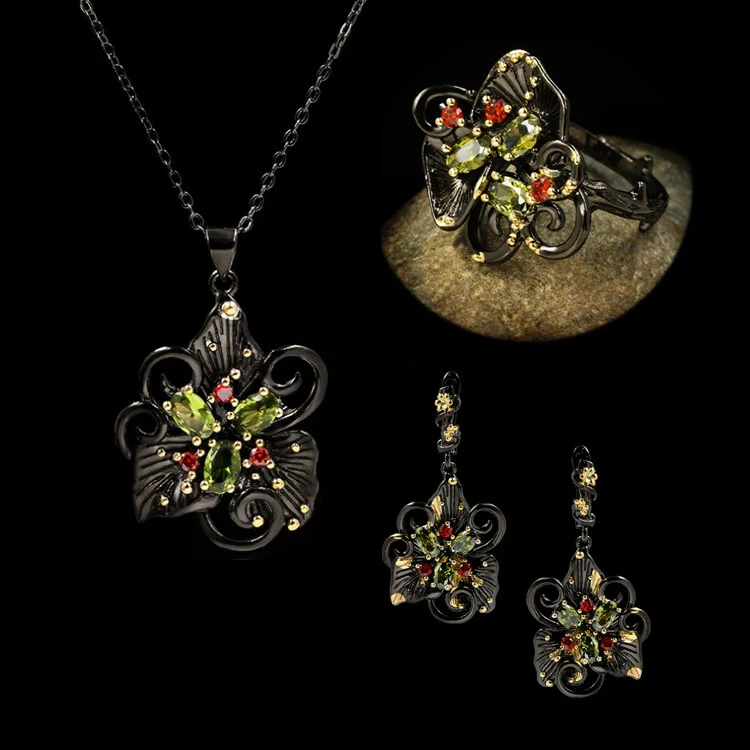 Exquisite-Three-piece-Jewelry-Set-for-Women-Stylish-Floral-shaped-Black ...