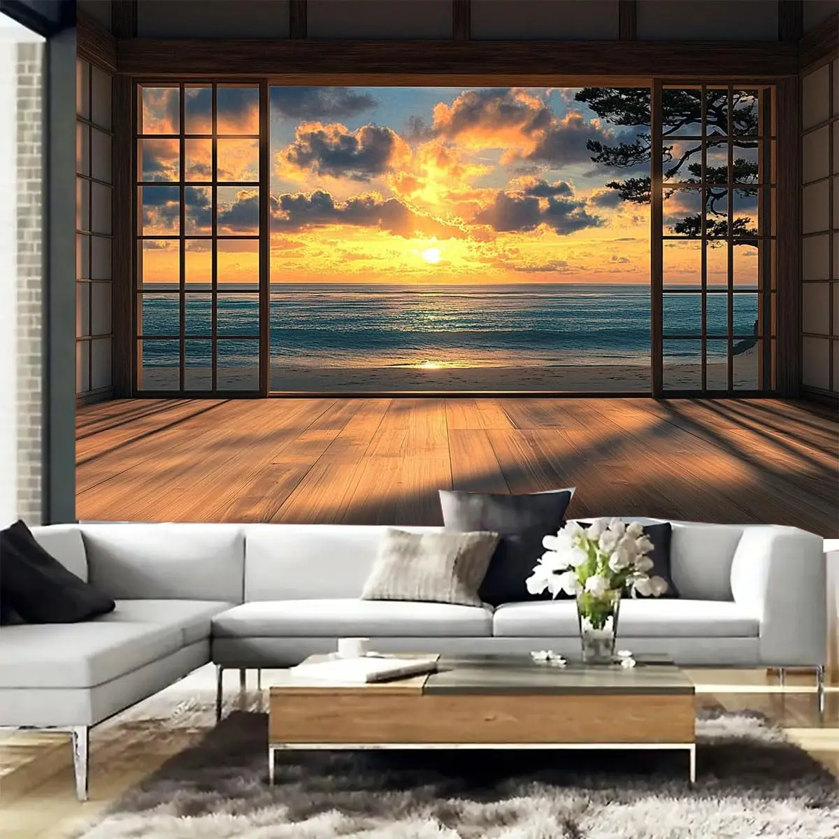 Ocean Lake Sunset Window View Tapestry, Nature Scenic Beach Sunset over ...
