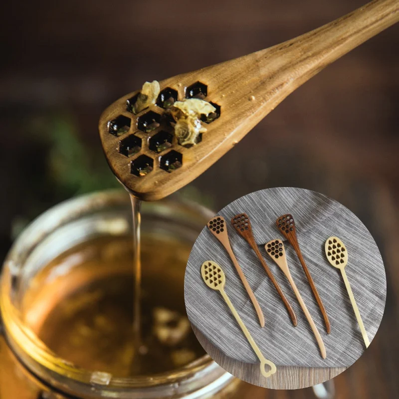 1Pc-Wood-Honey-Dipper-Sever-Mixing-Stick-Spoon-Honeycomb-Heart-Pattern ...
