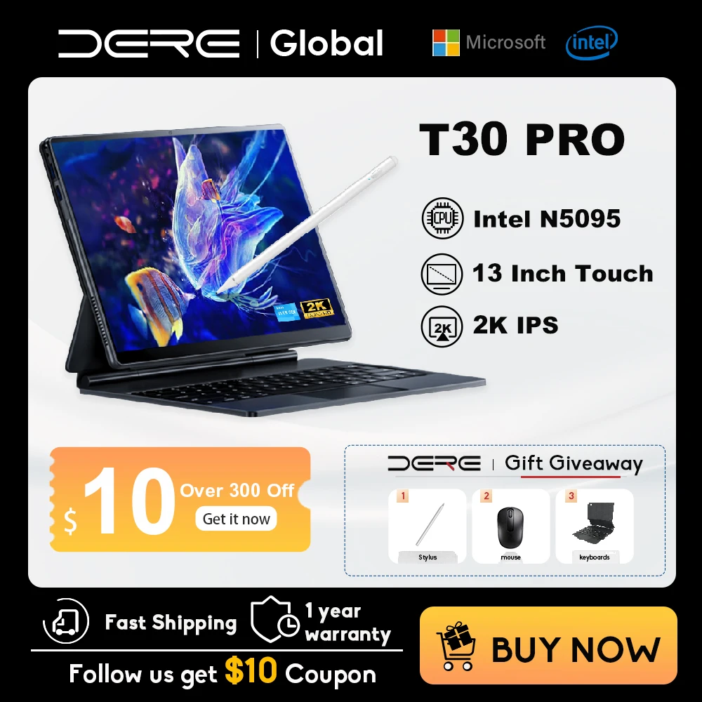 Dere-T30 Pro Touch Screen Tablet Laptop, Windows 11 Notebook, 2K IPS, 2 em 1, Intel Celeron ...