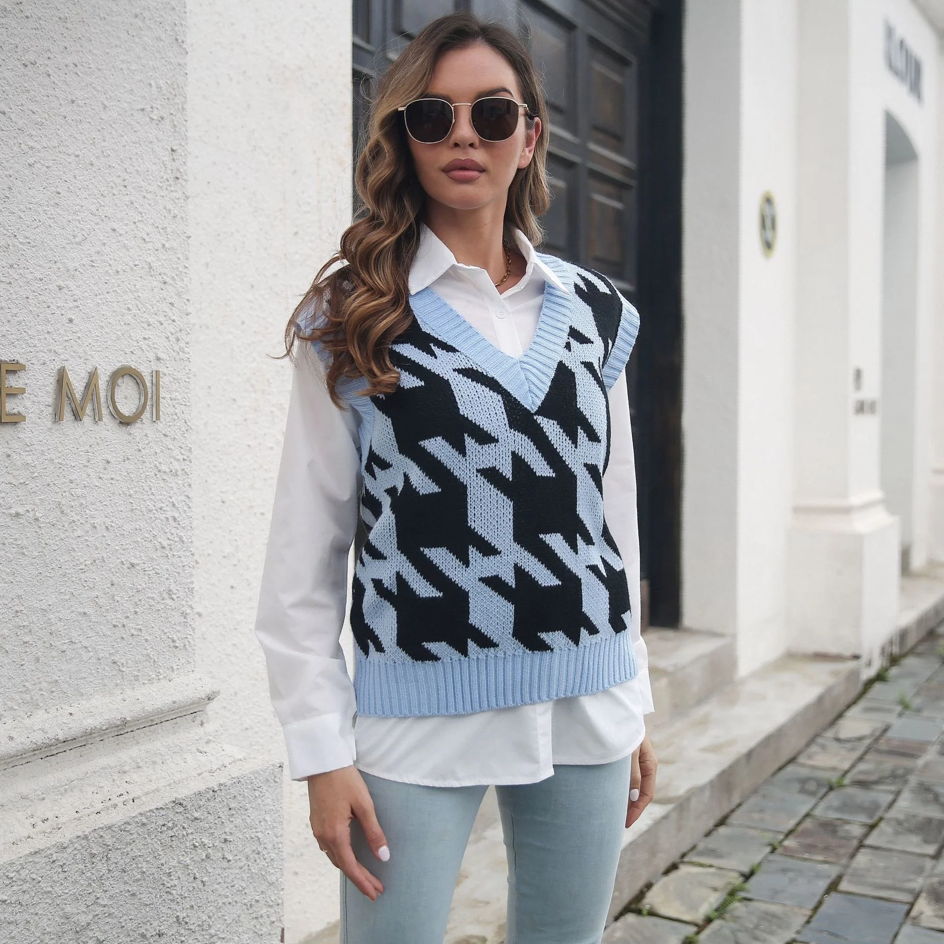 Knit Sweater Grid V-neck Vest