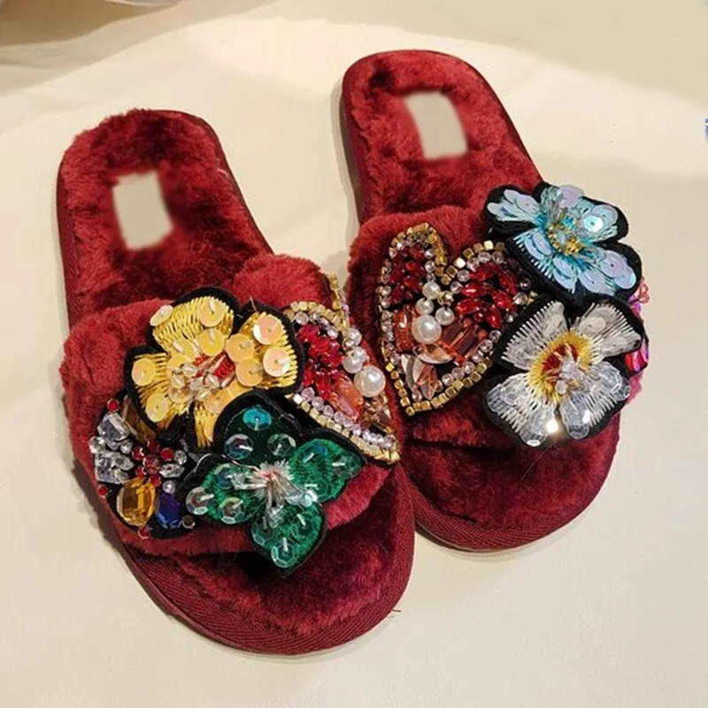 Wine Red Summer Flat Slippers Beach Women's Shoes Sequin Flower String ...