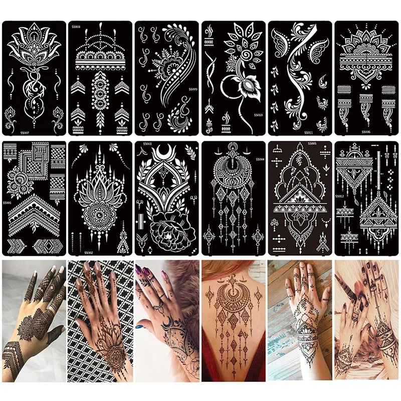 12pcs/set Henna Stencil Temporary Hand Tattoo Glitter Tattoo Stencils ...