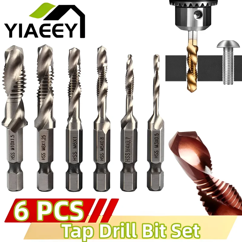 1-6Pcs-Tap-Drill-Bit-Set-Hex-Shank-Titanium-Plated-HSS-Screw-Thread-Bit ...