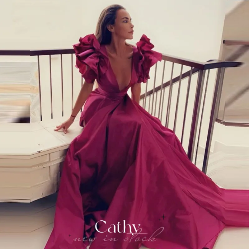 Cathy Rose Pink Prom Dress Sexy Deep V-neck ساتين حفلات Gorgeous A-line Vestidos De Fiesta Satin ...