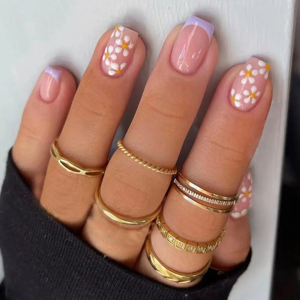 24Pcs Coffin False Nails short Wearable flower design Artificial Fake ...