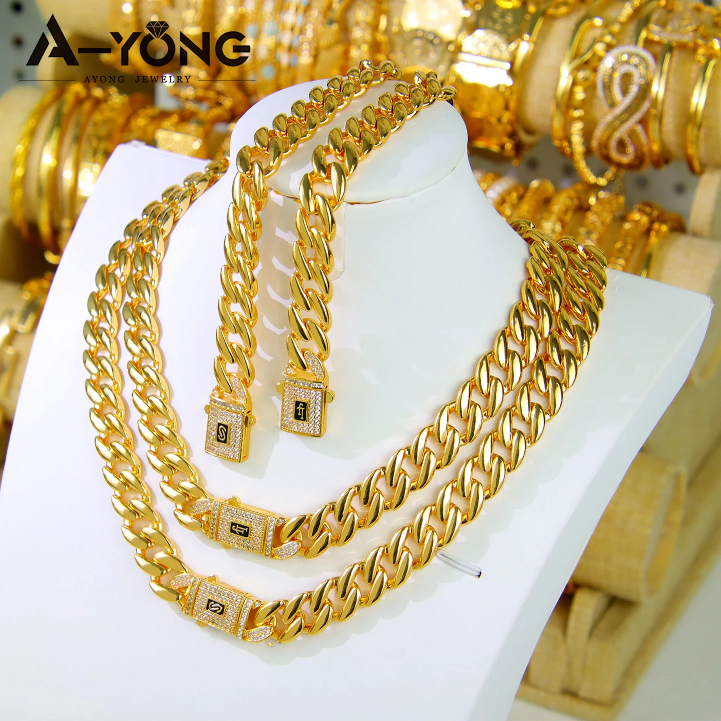 Luxury-Brazilian-Gold-Jewelry-Cuban-Necklace-Bracelet-Set-21k-Gold ...