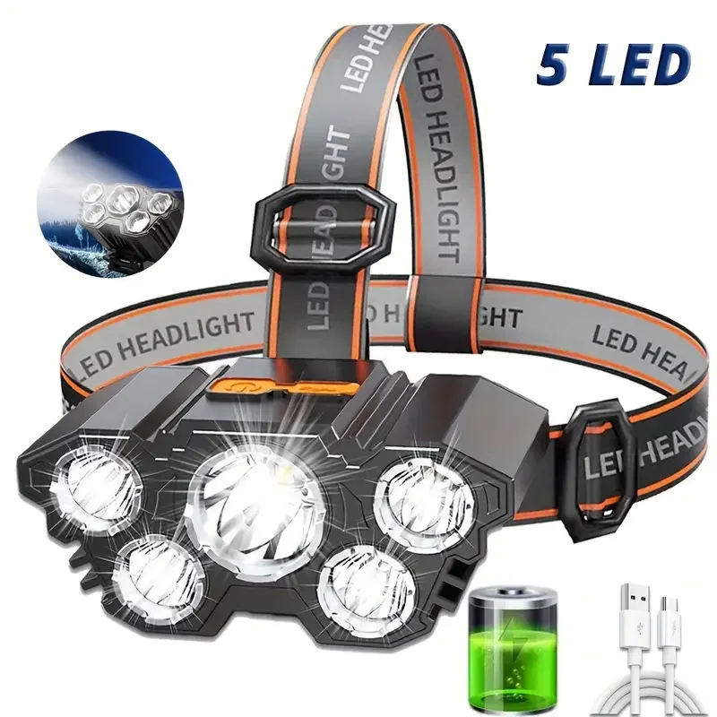 Ultra-Bright-5-LED-Headlamp-Long-Lasting-Rechargeable-Battery-Durable ...