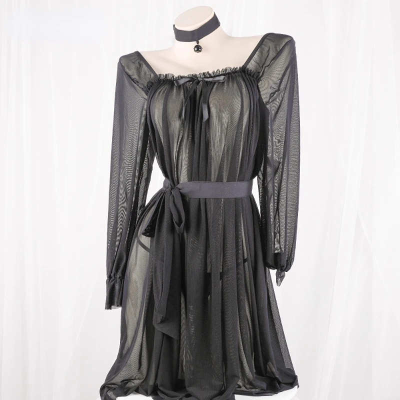 Japanese Sexy Anime Maid Cosplay Translucent Chiffon Black Dress Lolita ...