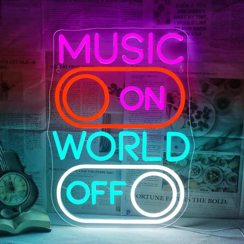 Music ON World OFF Neon Sign LED Neon Lights for Wall Decor Light Up ...