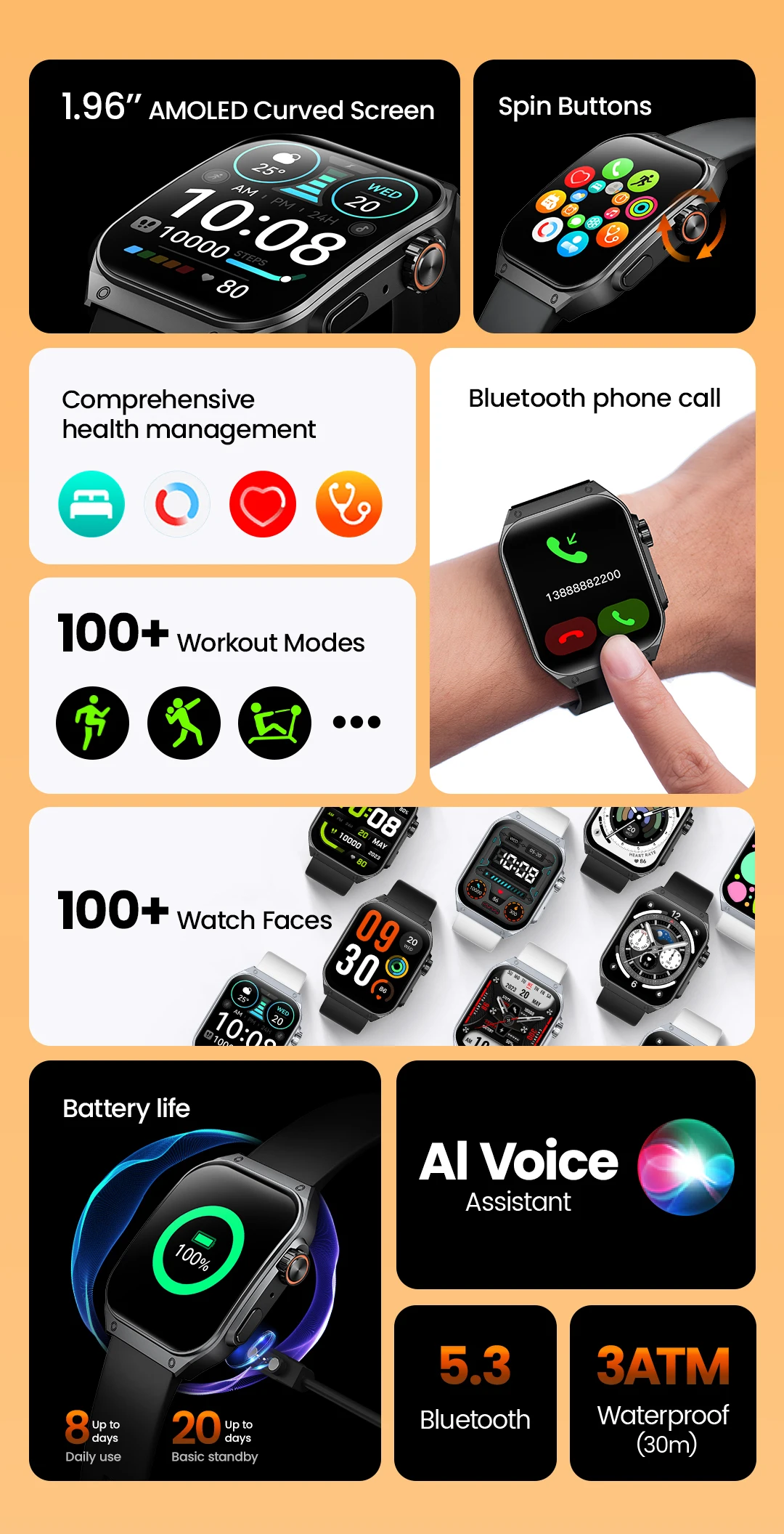 HAYLOU Watch S8 Smartwatch 1.96'' AMOLED Curved Screen BT5.3 Bluetooth ...