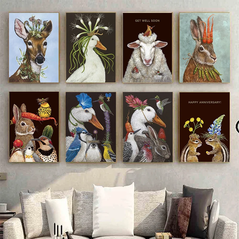 Duck Rabbit Bird and Sheep Canvas Painting Wall Art Pictures Animal ...