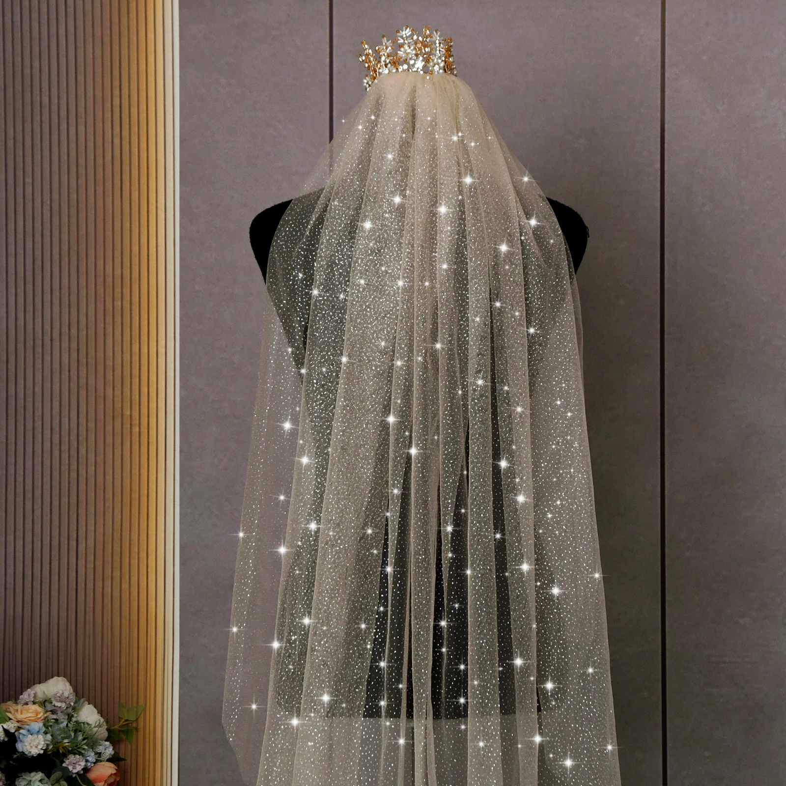 Topqueen V101 Champagne Glitter Wedding Veils Gloden Sparking Bridal ...