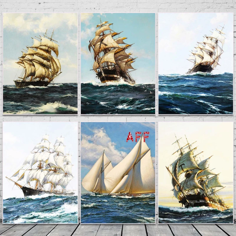 Boat Rides The Wind and Waves Seascape Retro Canvas Painting Poster ...