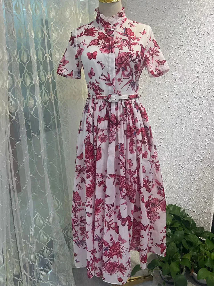 100-Cotton-Printing-Dress-Spring-Summer-Women-Stand-Collar-Short-Sleeve ...