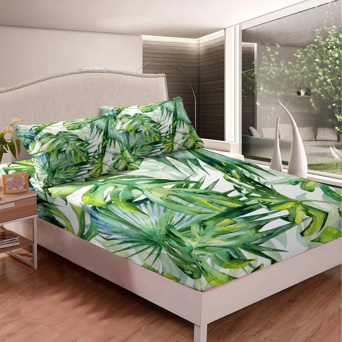 Tropical-Bedding-Tree-Fitted-Sheet-Green-Plant-Palm-Leaves-Bed-Sheet ...