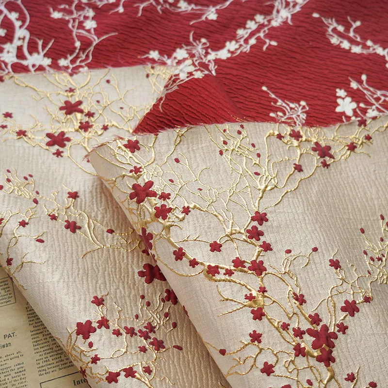 Luxury Red Plum Blossom Jacquard Fabric Golden Flower Embossed Women's ...