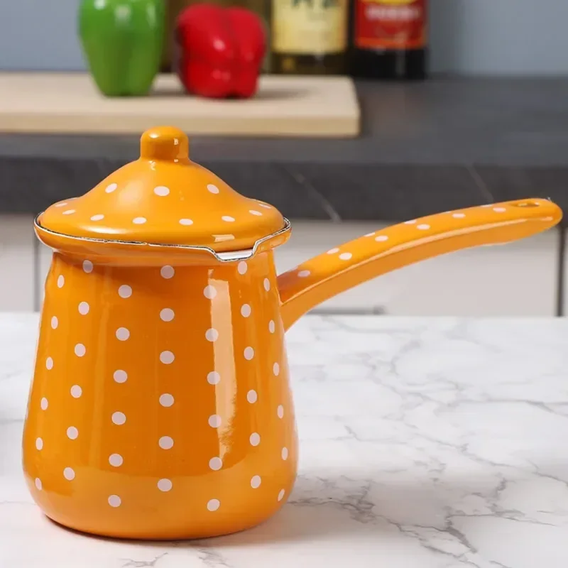 Enamel-Mini-Butter-Bucket-Single-Handle-Leaky-Pot-with-Lid-Milk-Storage ...