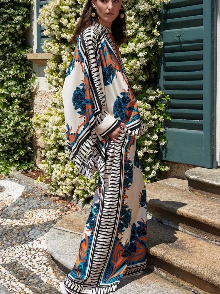 Two-Piece-Satin-Cloak-Set-for-Women-Batwing-Sleeve-Shirt-Poncho-Top-and ...