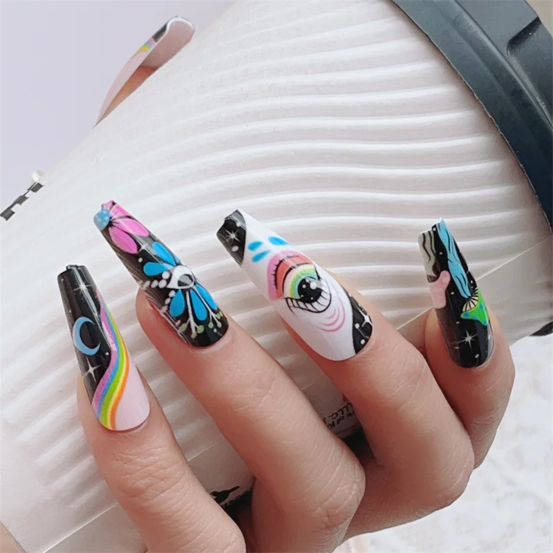 Colorful-Fashion-Trapezoid-Long-Removable-Wearable-Nail-Reusable ...