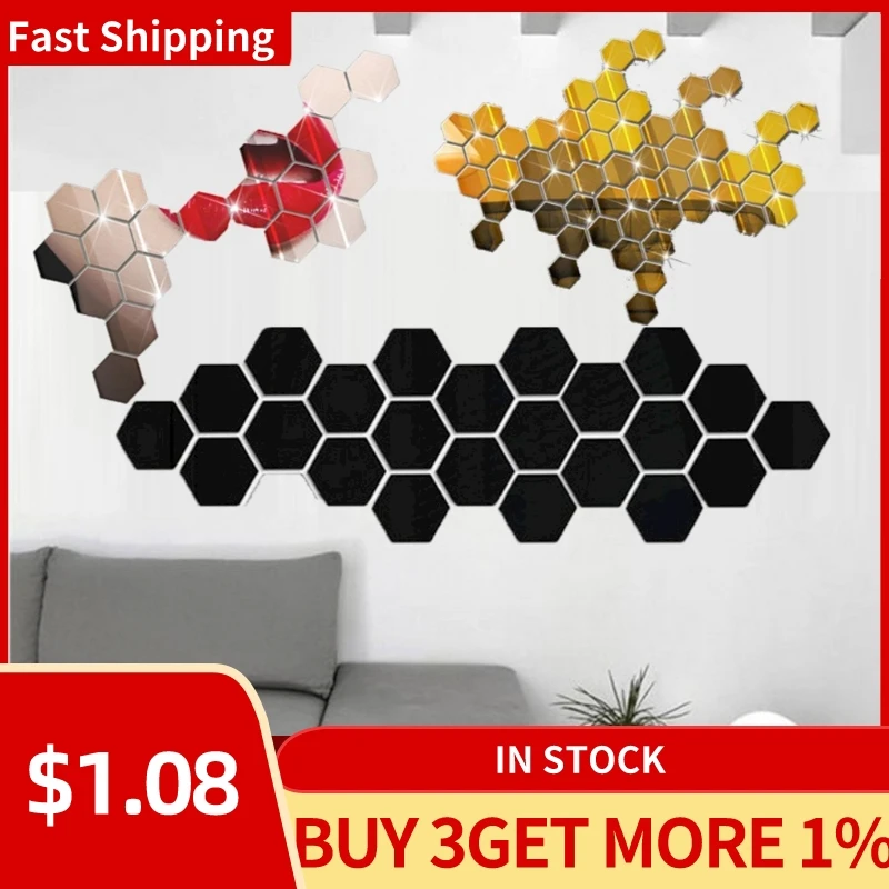 12pcs-3d-Mirror-Stickers-Hexagon-Vinyl-Removable-Wall-Sticker-Decal ...