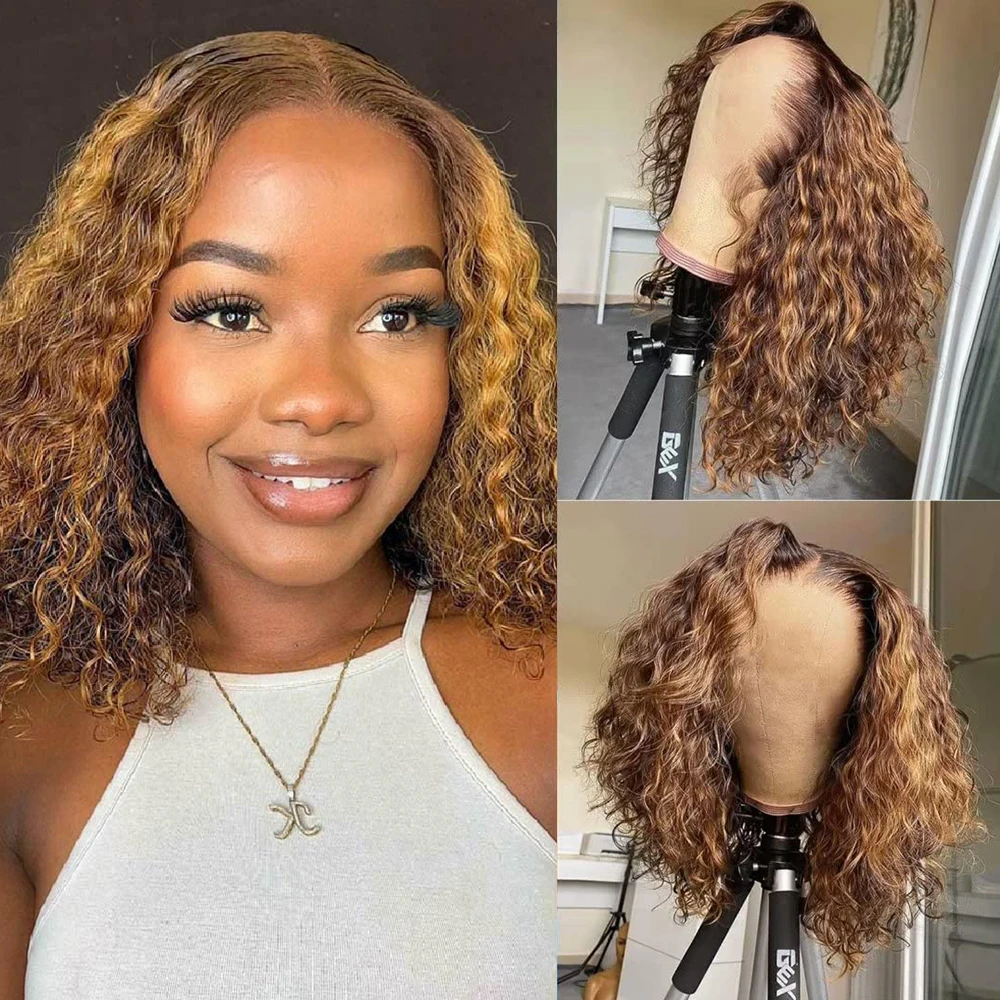 P4-27-Highlight-Deep-Wave-Remy-Human-Hair-Short-Bob-Curly-Ombre-Brown ...