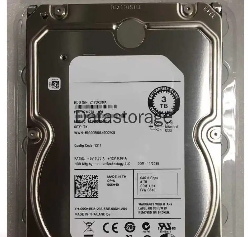 HDD For DELL T320 T420 T620 3TB SAS 3.5 ST3000NM0023 Server HDD 055H49
