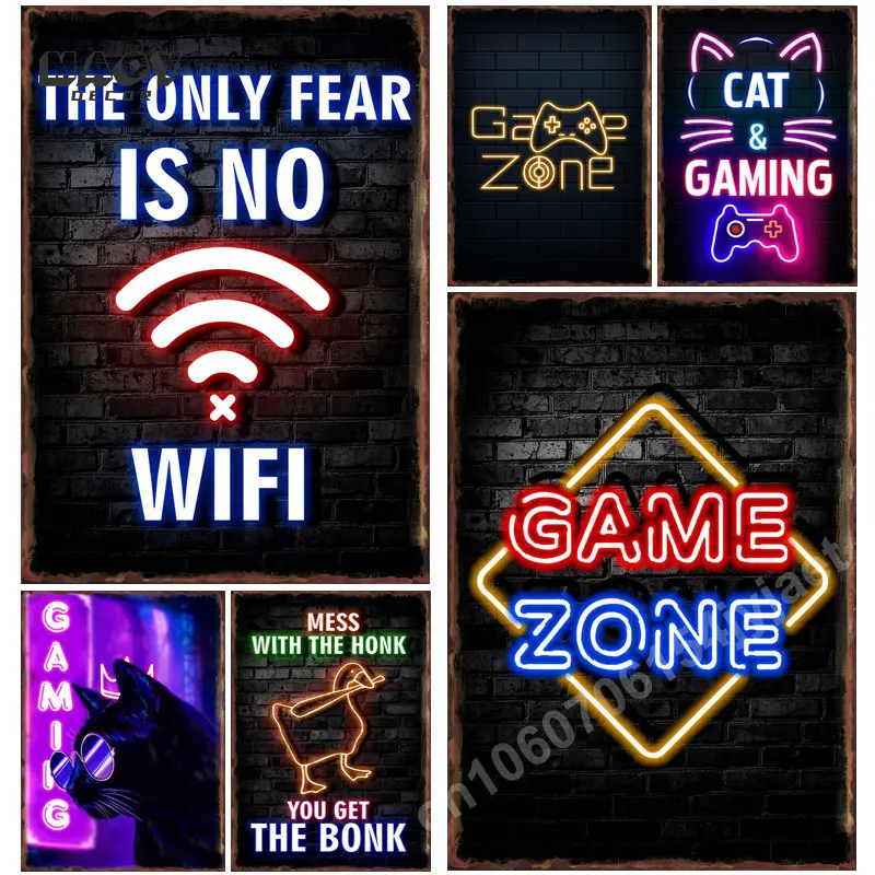 Neon-Gaming-Zone-Metal-Tin-Sign-Posters-Wall-Decor-Game-Room-Bar-Hotel ...