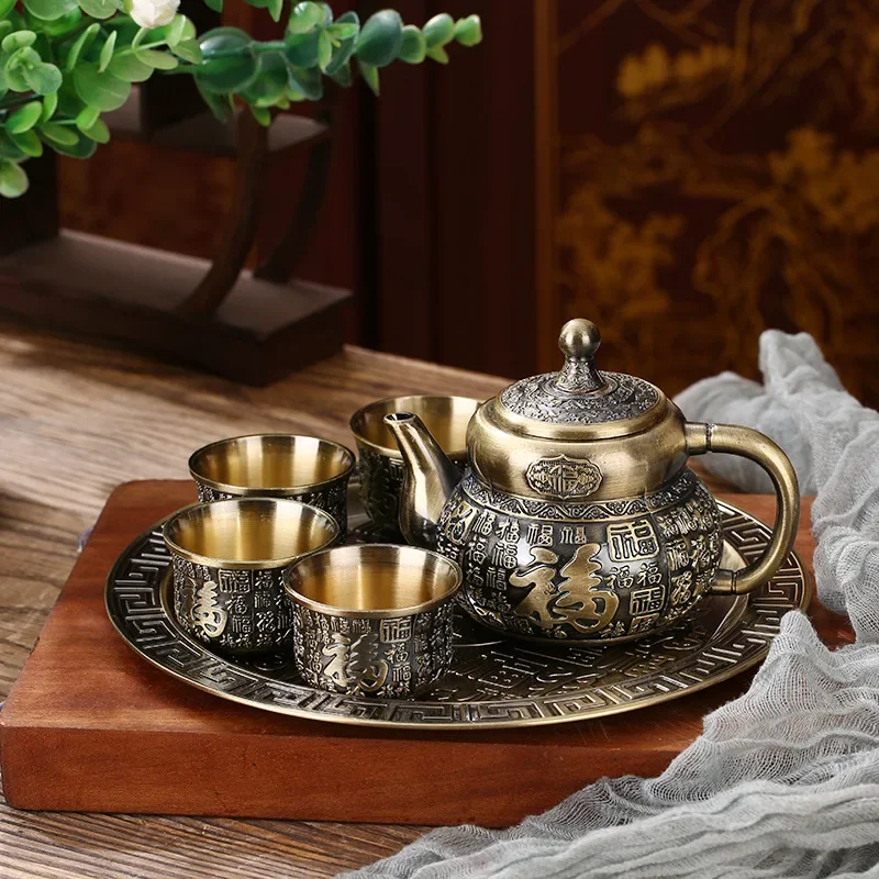6-Piece-European-Bronze-Tea-Set-Alloy-Teacups-Wine-Glasses-with-Tray ...