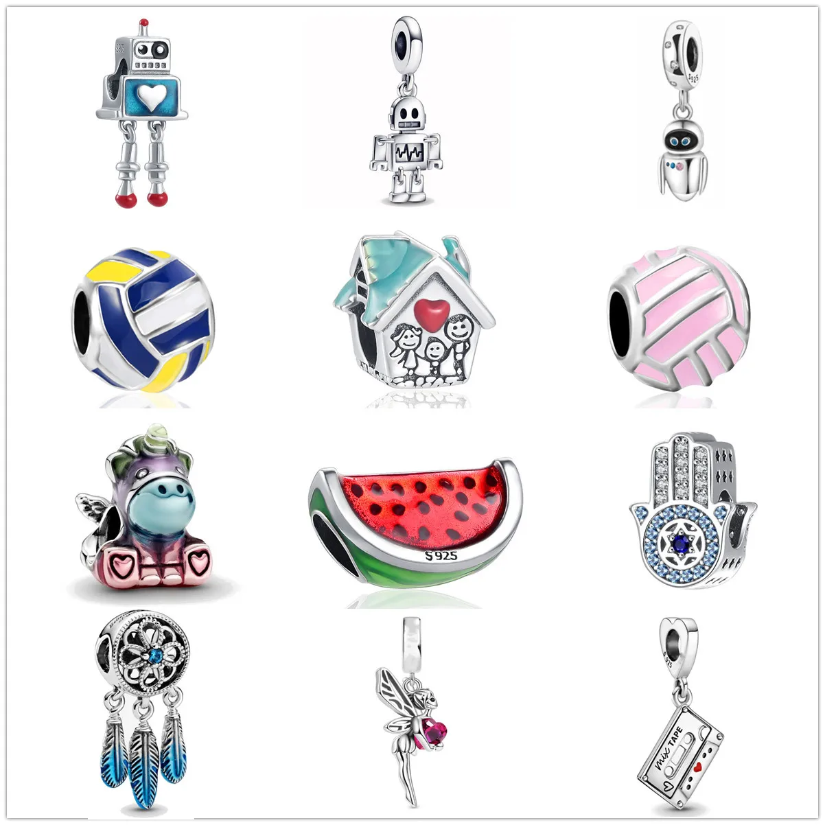 New-925-Sterling-Silver-Volleyball-Robot-Hug-Heart-Elf-Charms-fit ...