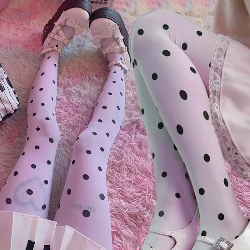 Vintage Dot Patterned Opaque Stockings Pantyhose Y2k Gothic Silky ...