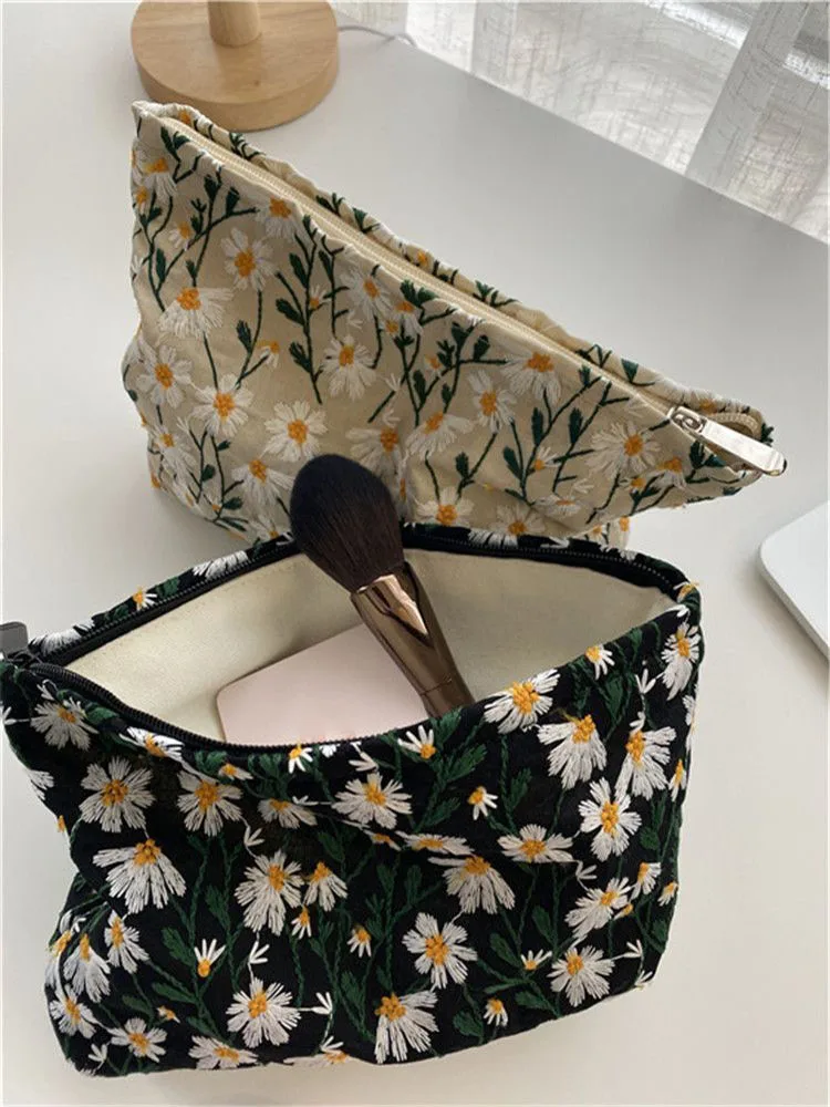 Women-Cosmetic-Bag-Pouch-Embroidery-Daisy-Floral-Korean-Travel-Toiletry ...