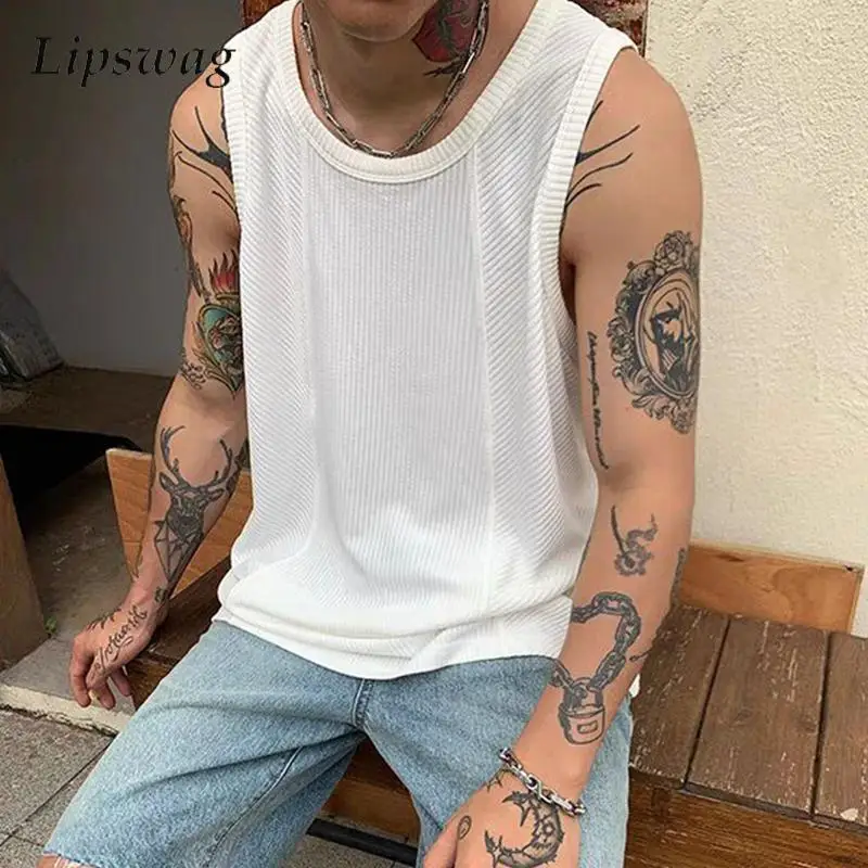 Fashion Sleeveless Loose Ribbed Tank Tops Mens Spring Summer Sports ...