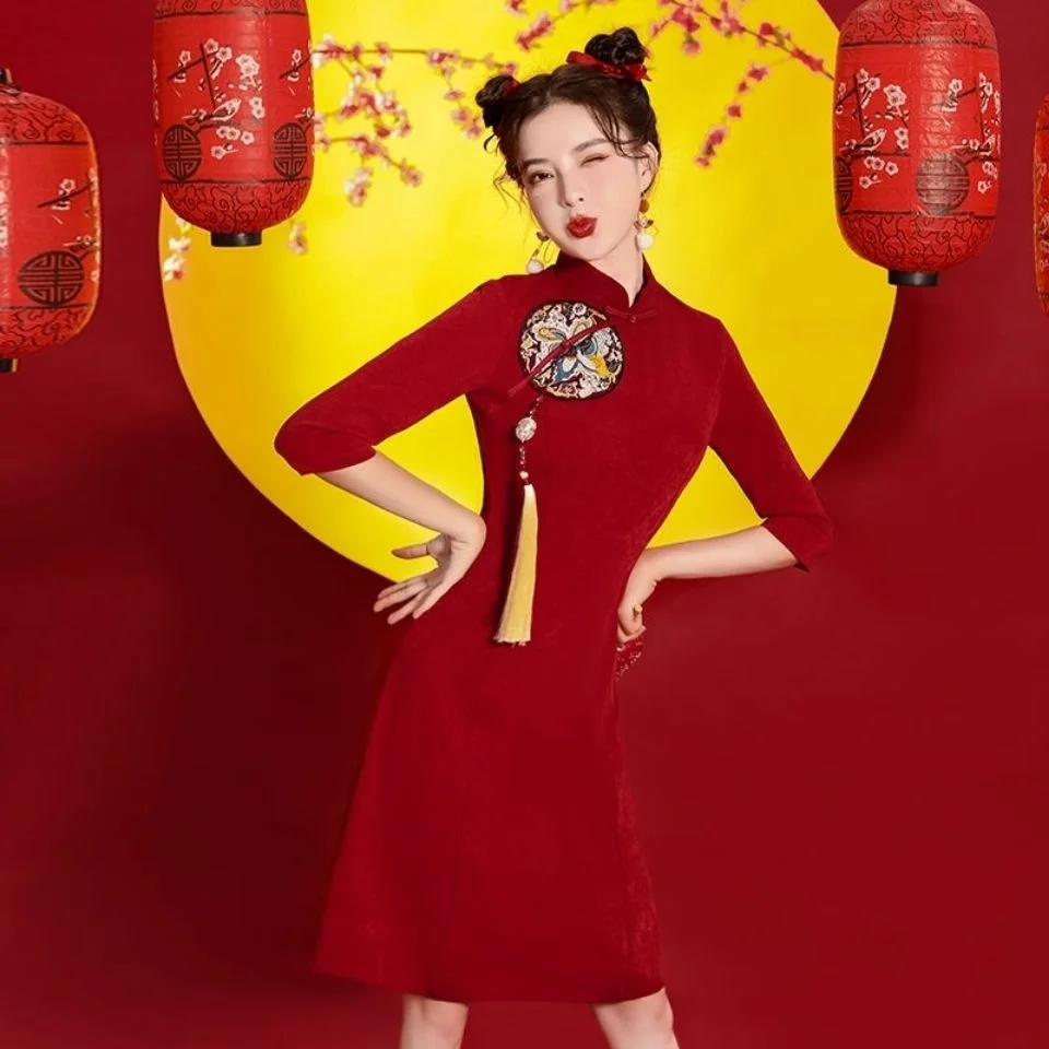 Cheongsam rojo Año Nuevo invierno vestido de estilo chino| | - AliExpress
