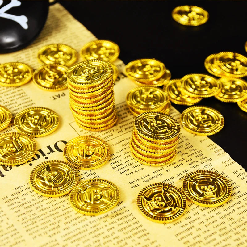 50pcs Pirate Gold Coins Plastic Fake Treasure Coin Props Halloween ...