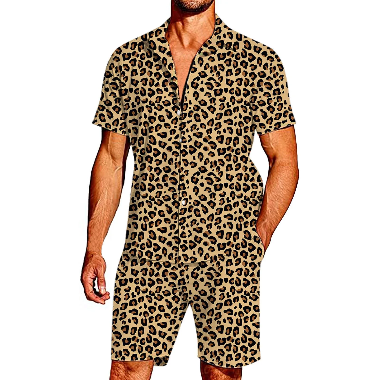 Leopard Print Fashion Summer Men's Tracksuit Short Sleeve Shirt Set ...