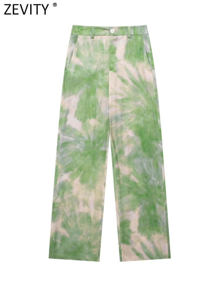 Zevity 2023 Women Vintage Green Tie Dyed Print Soft Satin Straight ...