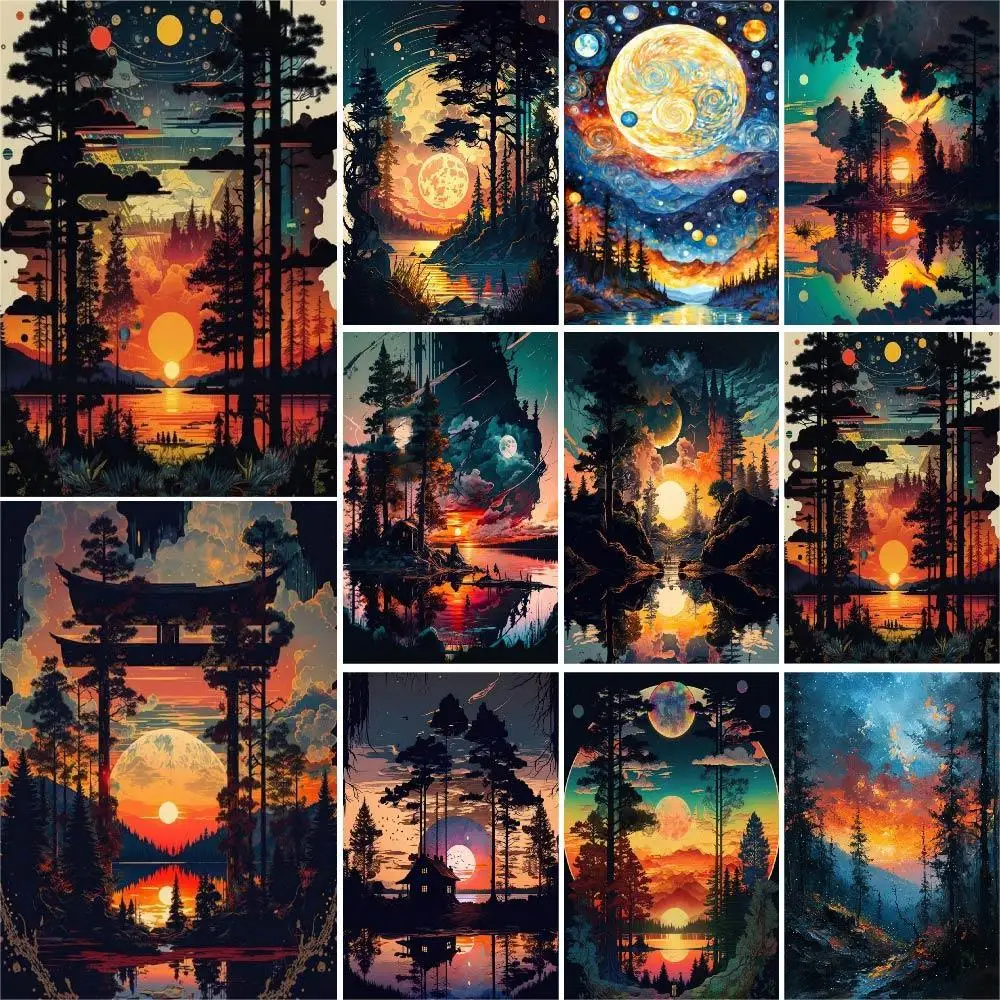 Coloring-By-Numbers-On-Canvas-Sunset-Landscape-Painting-Forest-Shadow ...