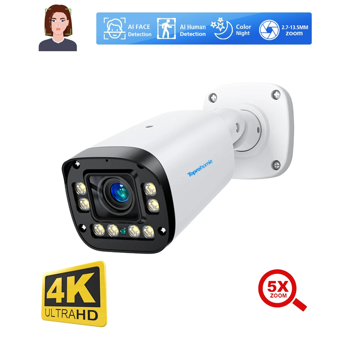Ultra HD 4K Security Camera 2.7mm-13.5mm 5X Optical Zoom 8MP Ai Face ...