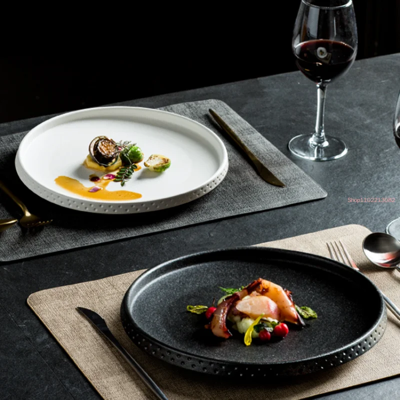 Black-White-Steak-Dinner-Plate-Simple-Ceramic-Frosted-Tableware-Western ...
