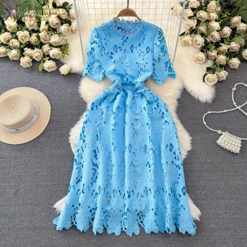 Vestido-azul-de-encaje-con-cuello-redondo-para-Mujer-Vestidos-de-l-nea ...