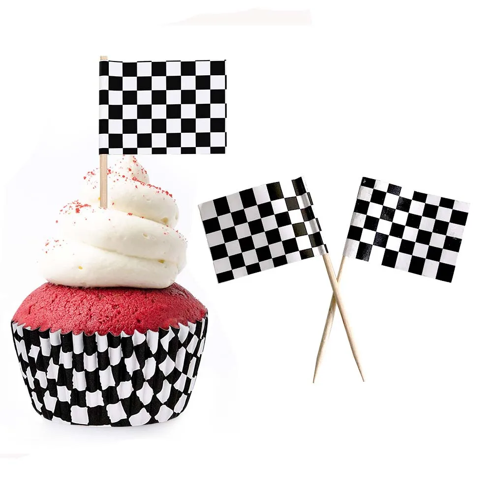 24pcs-Black-and-White-Checkered-Flag-Cupcake-Toppers-Racing-Theme ...
